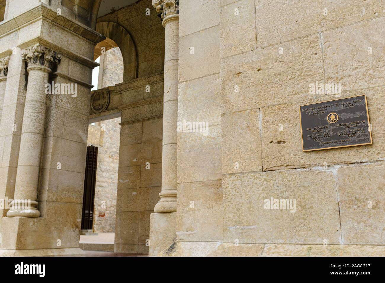 Detail of landmark memorial plaque at St. Boniface Cathedral, Winnipeg ...