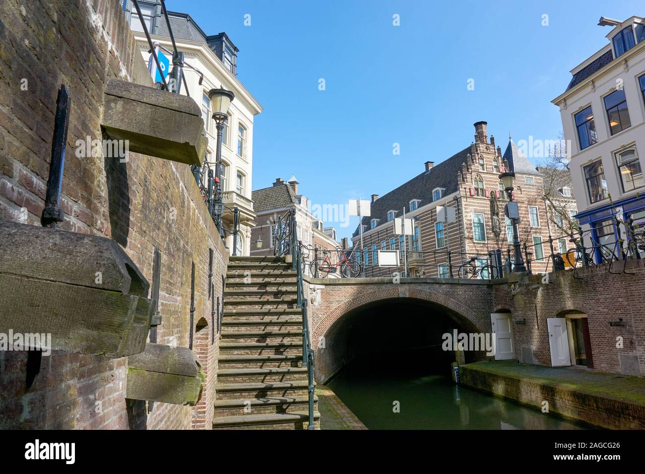 Low view on historic street in Utrecht The Netherlands with houses ...