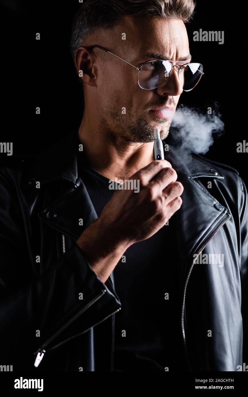 KYIV, UKRAINE - OCTOBER 11, 2019: Handsome man in leather jacket ...