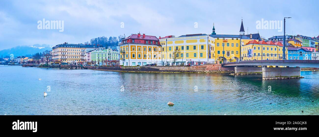 GMUNDEN, AUSTRIA - FEBRUARY 22, 2019: The view from embankment of Traun ...