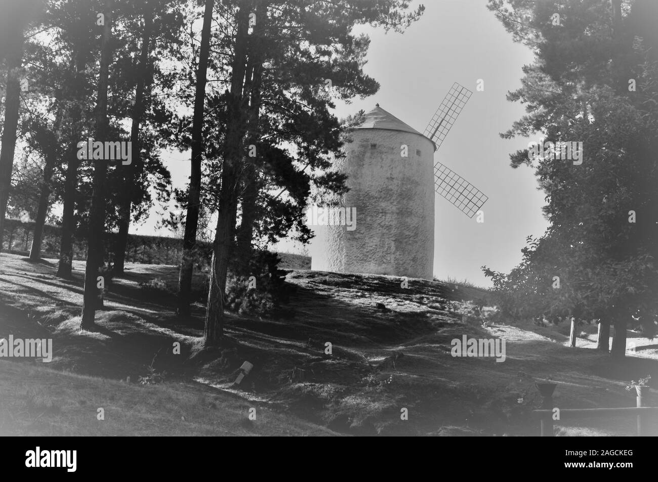 Grayscale shot of a windmill in the middle on a hill under the gloomy ...