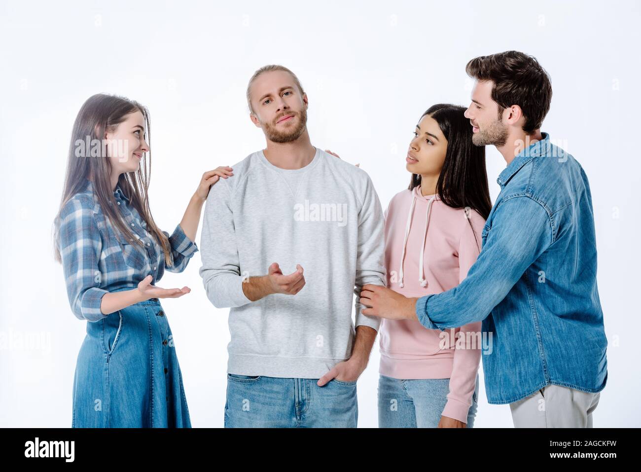 multicultural support group talking isolated on white Stock Photo - Alamy