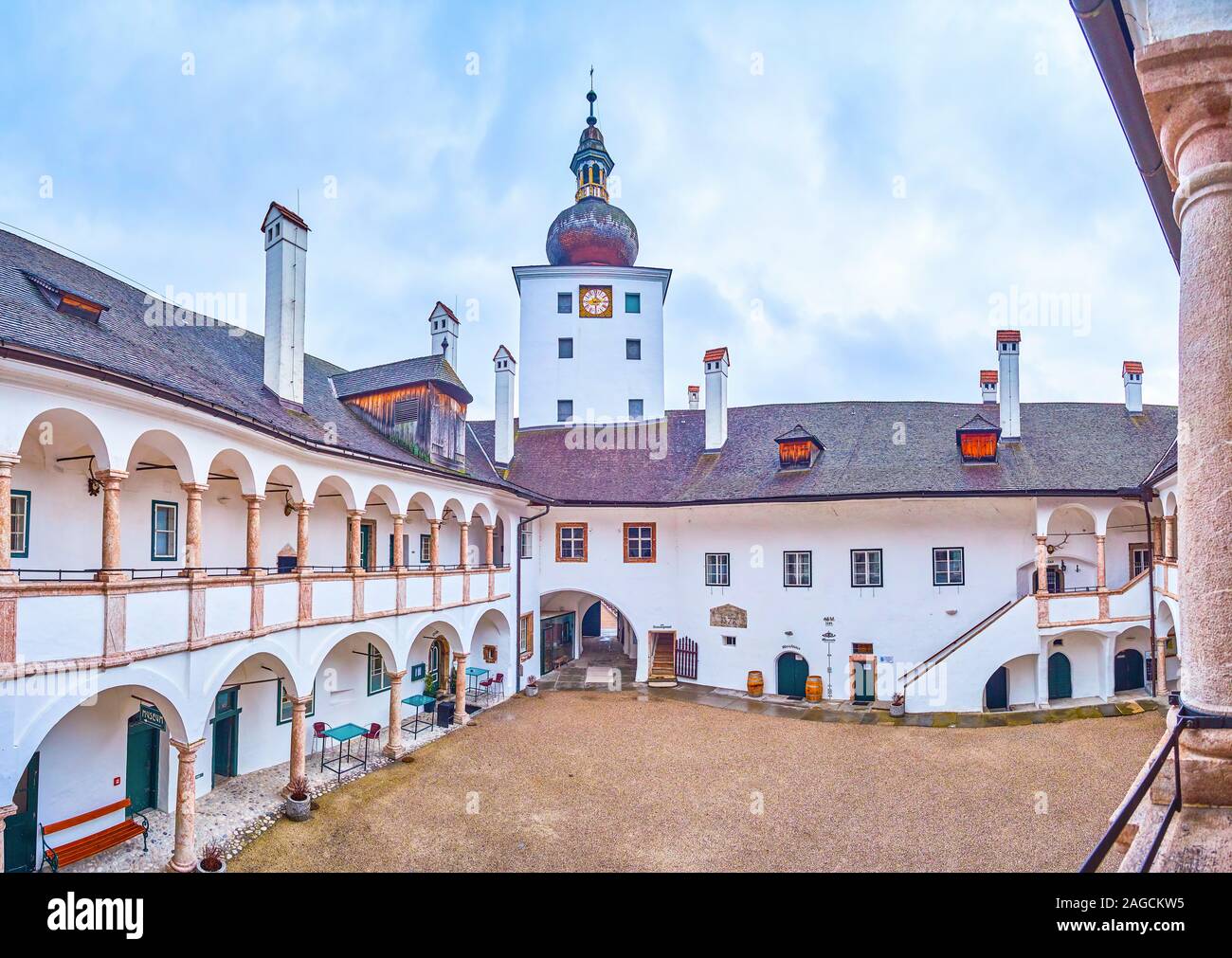 GMUNDEN, AUSTRIA - FEBRUARY 22, 2019: The Schloss Ort castle with its ...