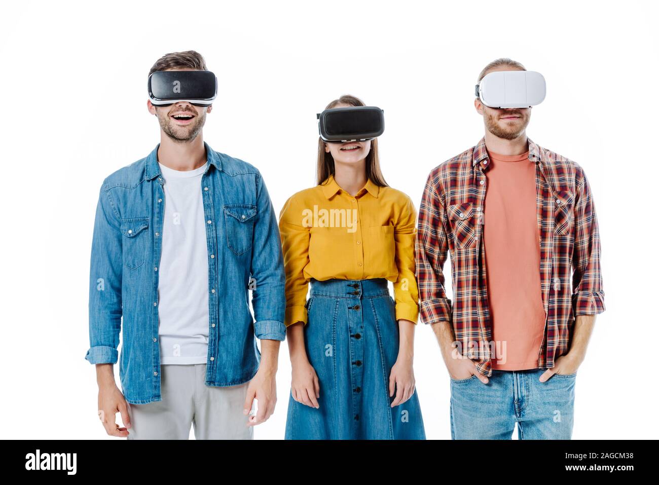 excited three young friends in vr headsets isolated on white Stock ...