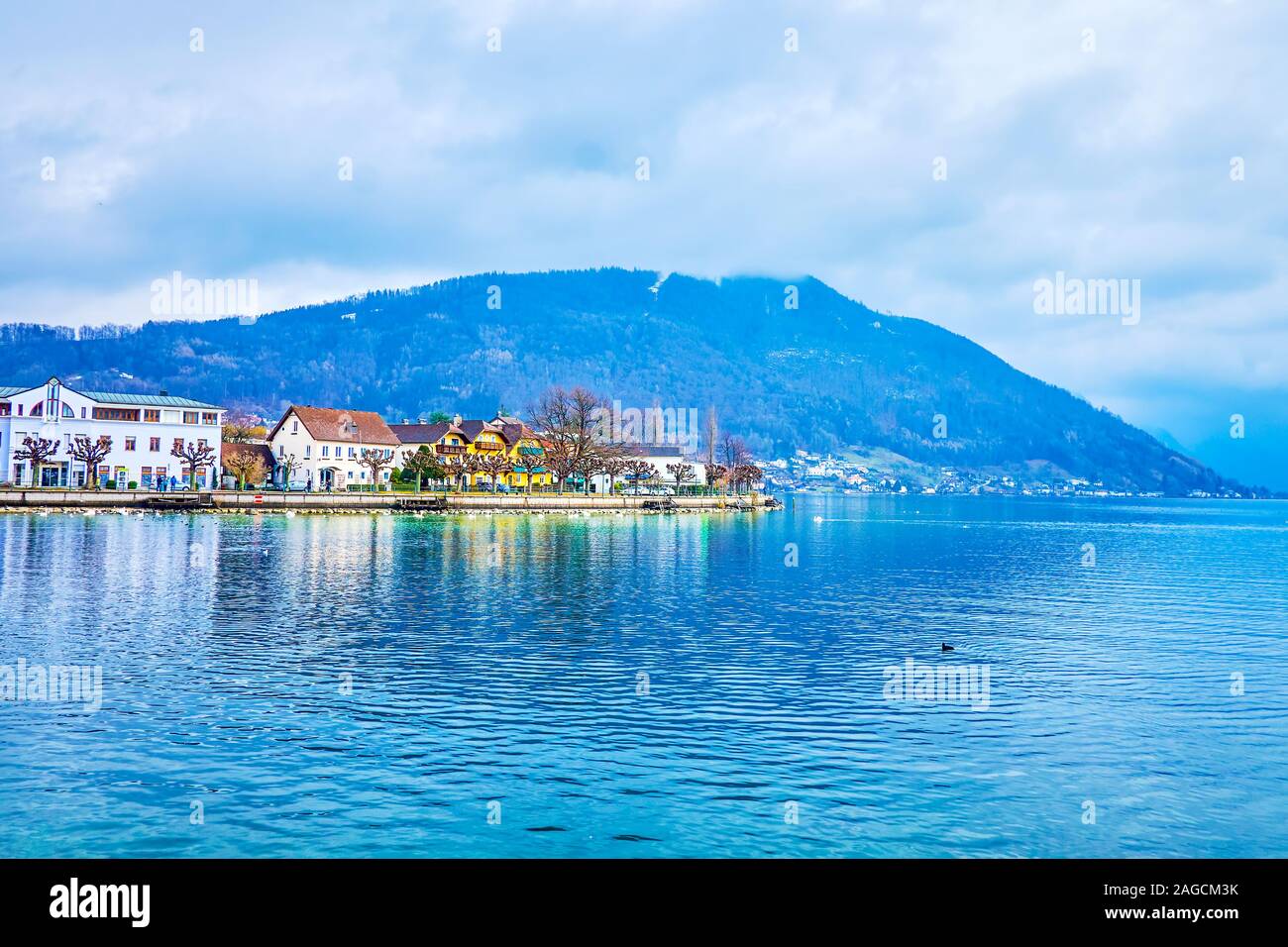 The scenic houses of small toen Gmunden on the bank of Traun Lake in ...