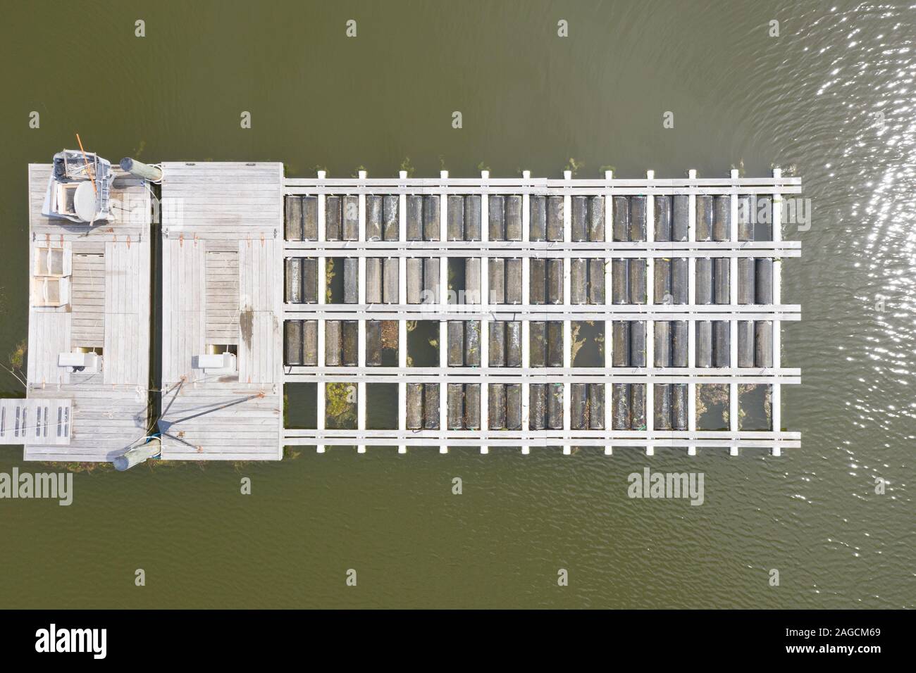 Overhead look of baskets in an oyster farm , Hollywood, Maryland, USA ...