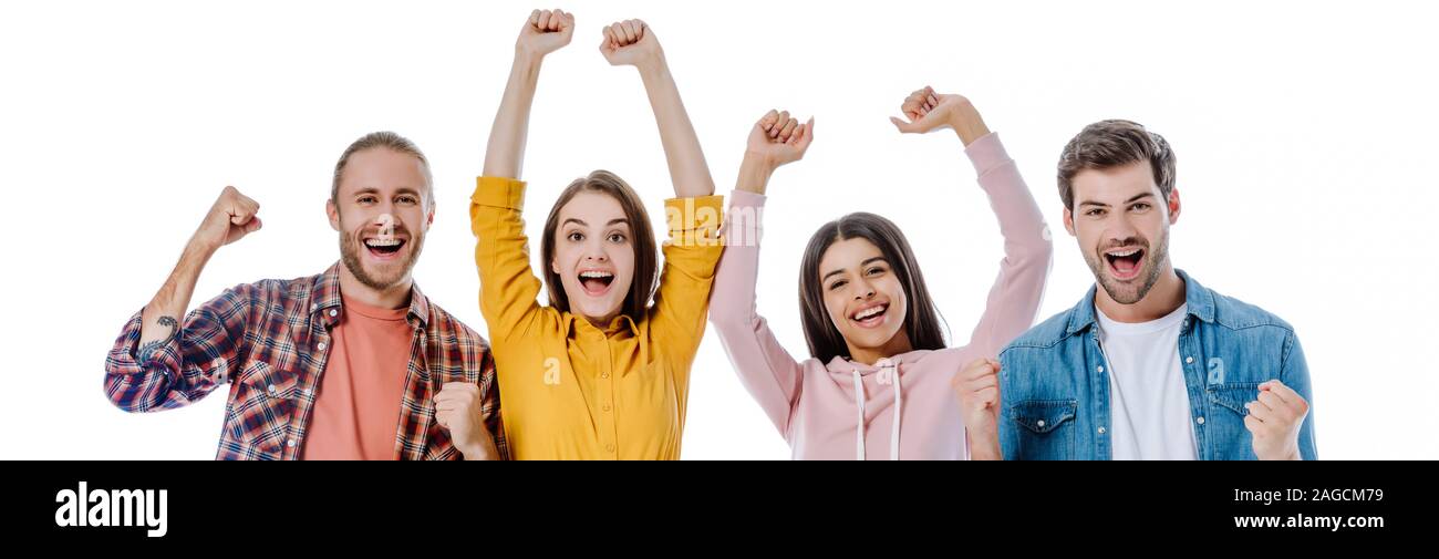 happy multicultural friends showing yeah gesture isolated on white ...