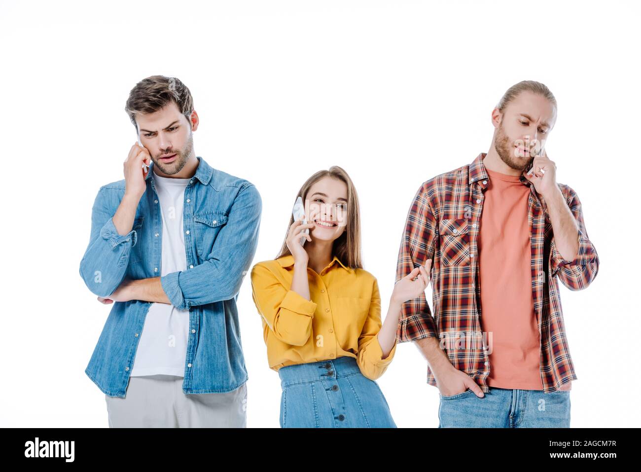 emotional three young friends talking on smartphones isolated on white ...