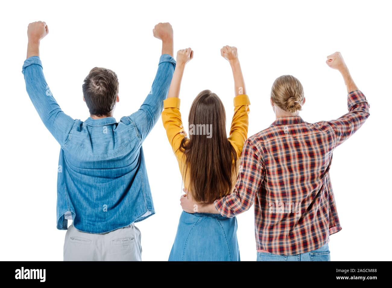 back view of young friends showing yes gesture isolated on white Stock ...