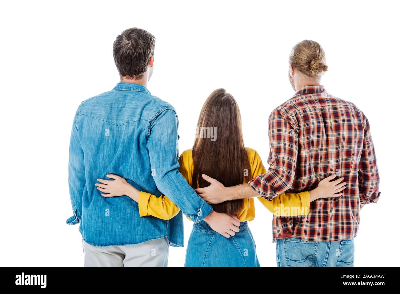 back view of three young friends hugging isolated on white Stock Photo ...