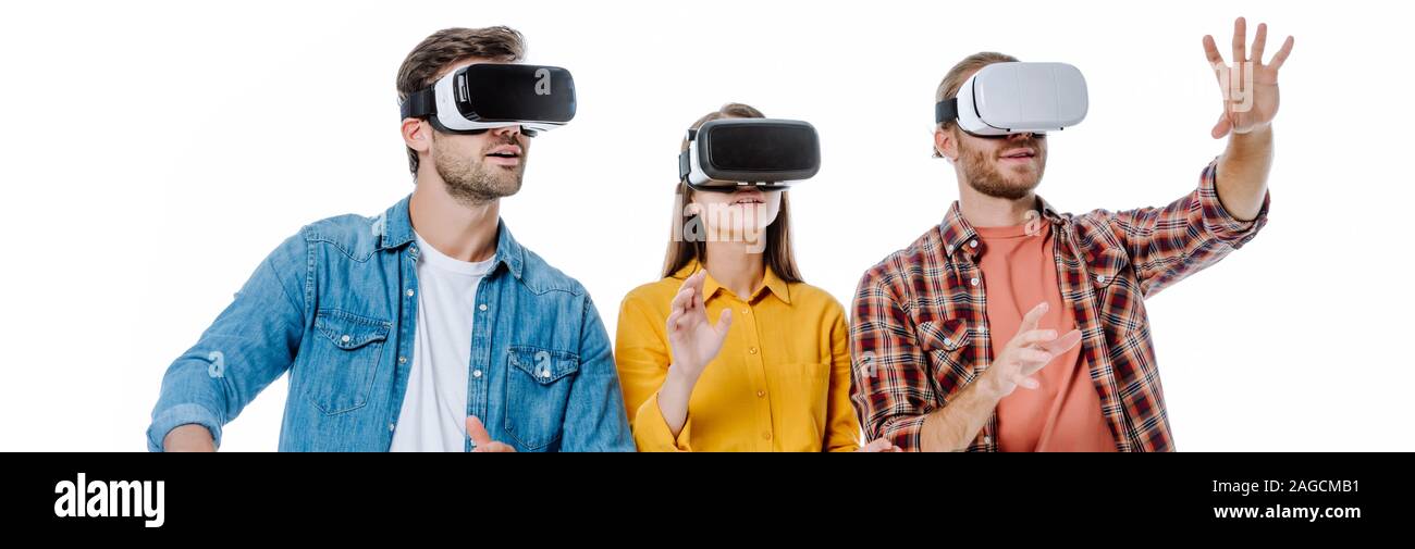 three young friends in vr headsets gesturing isolated on white ...