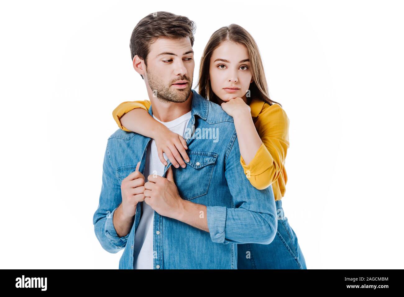 sad beautiful girl hugging boyfriend isolated on white Stock Photo - Alamy
