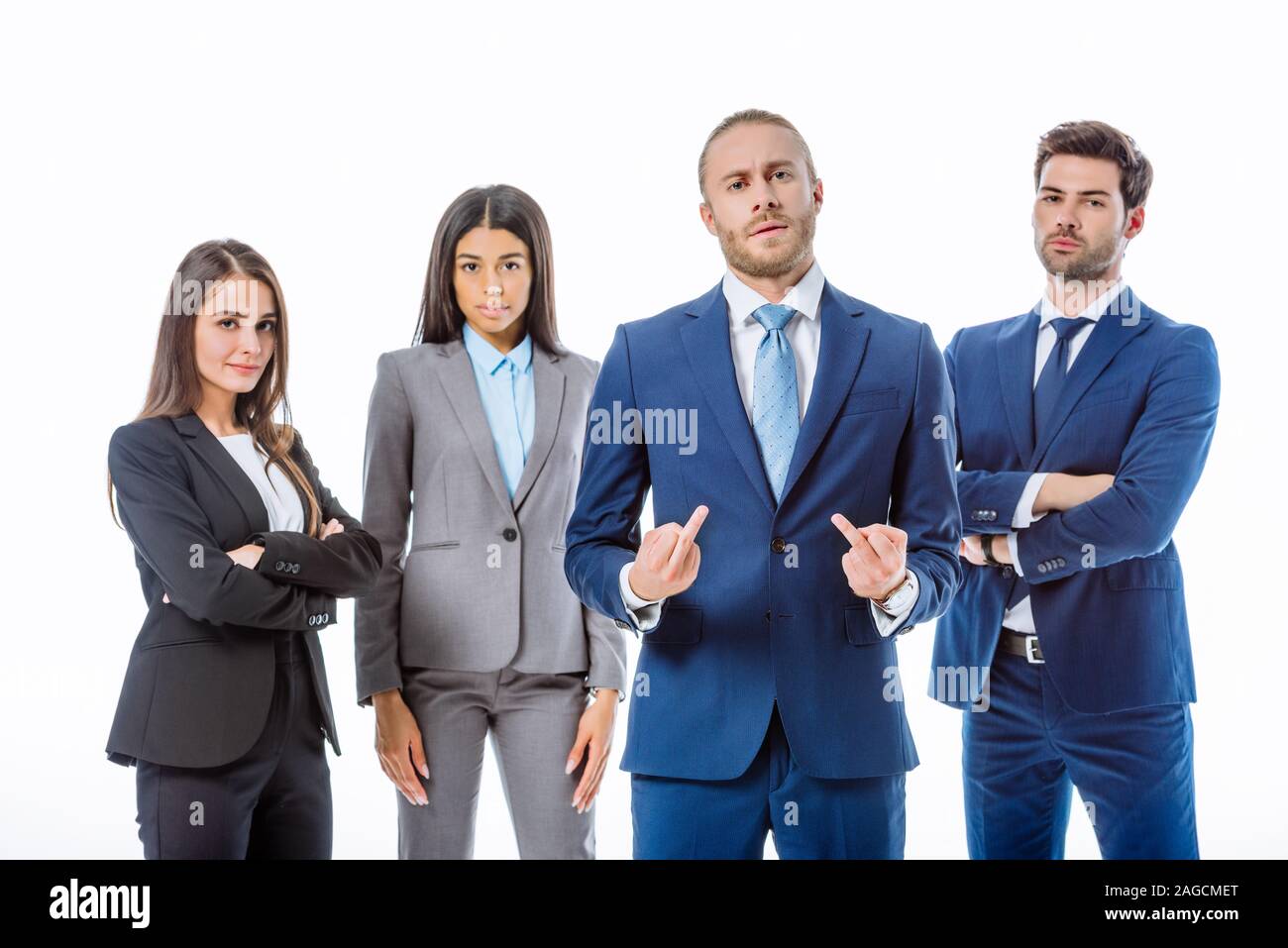 confident businessman showing middle fingers near multicultural ...