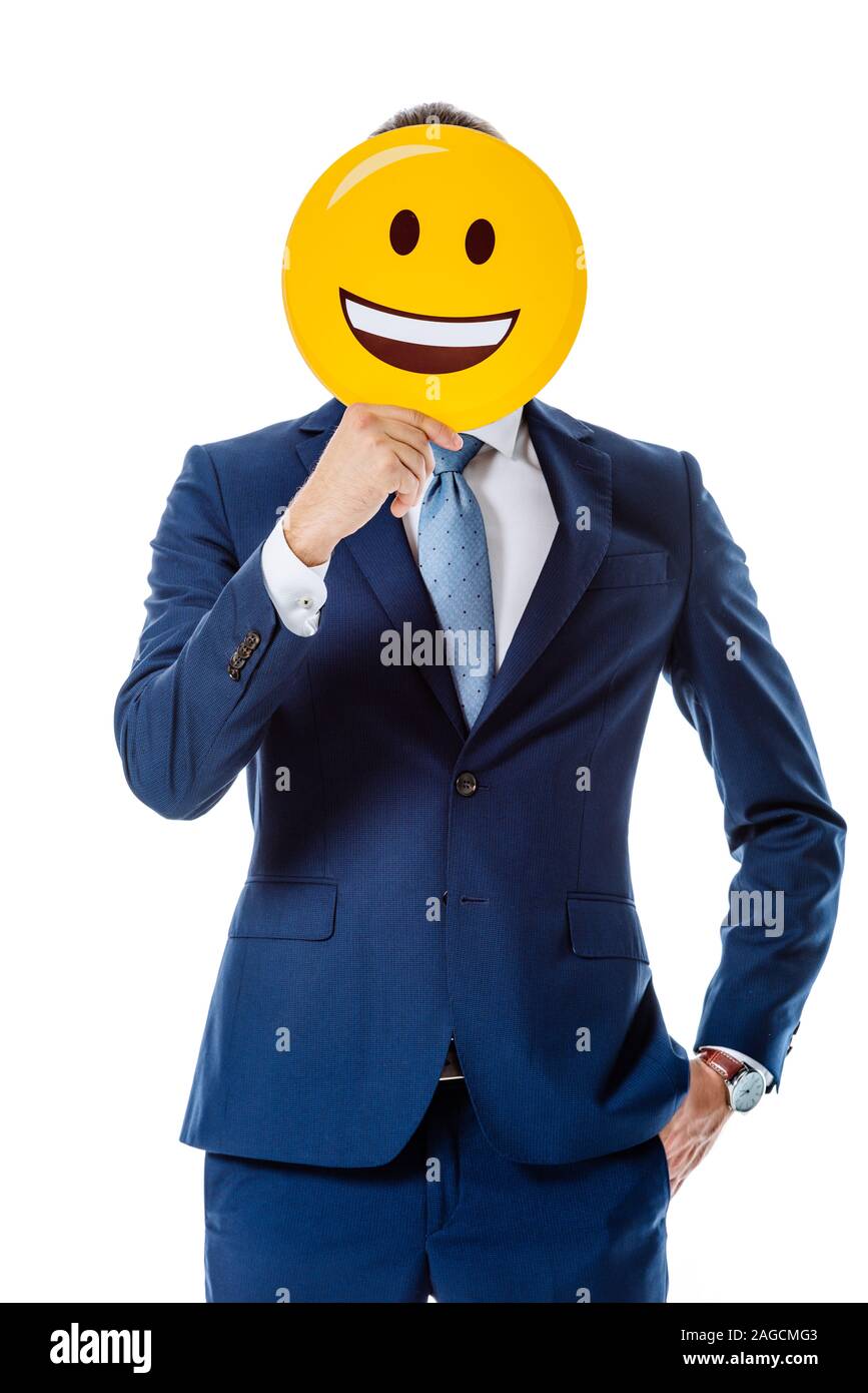 KYIV, UKRAINE - AUGUST 12, 2019: businessman in blue suit holding happy ...