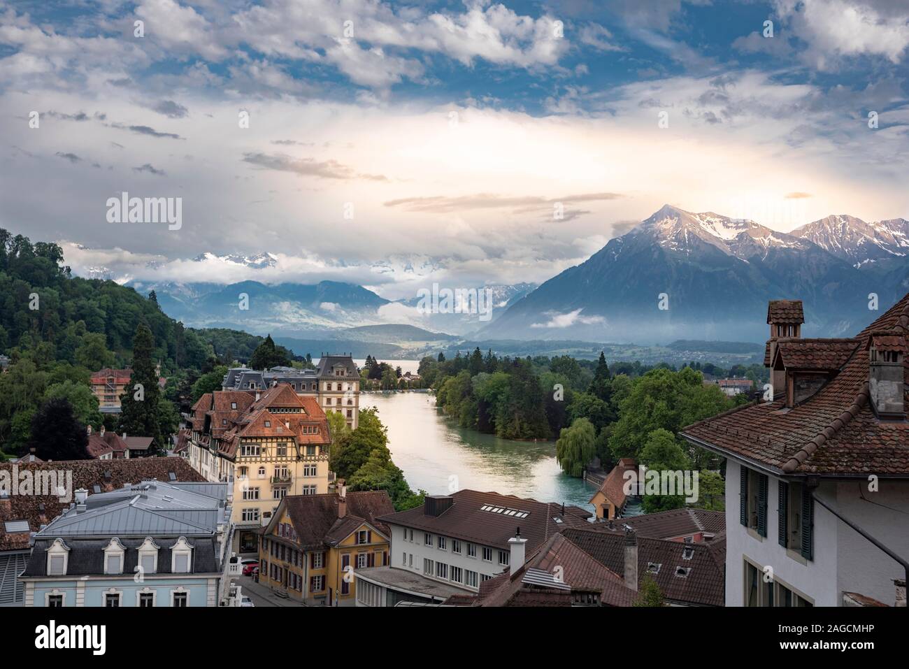 View of the old town with river Aare and Lake Thun, Thun, Bernese ...