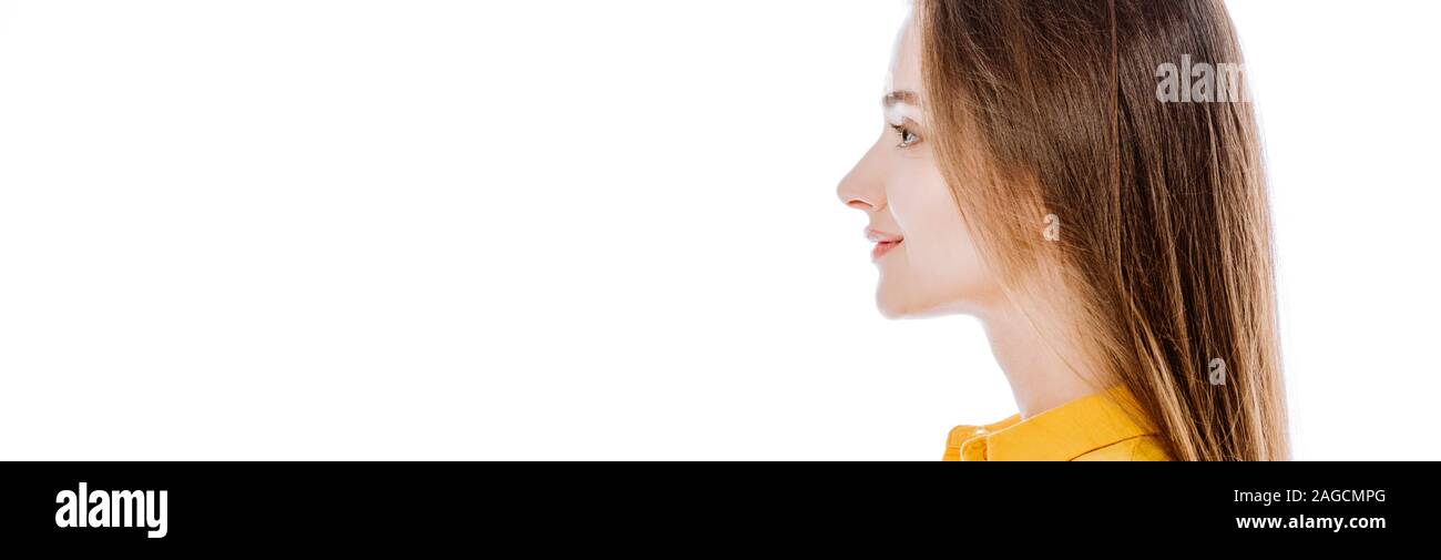 side view of smiling attractive girl isolated on white, panoramic shot ...