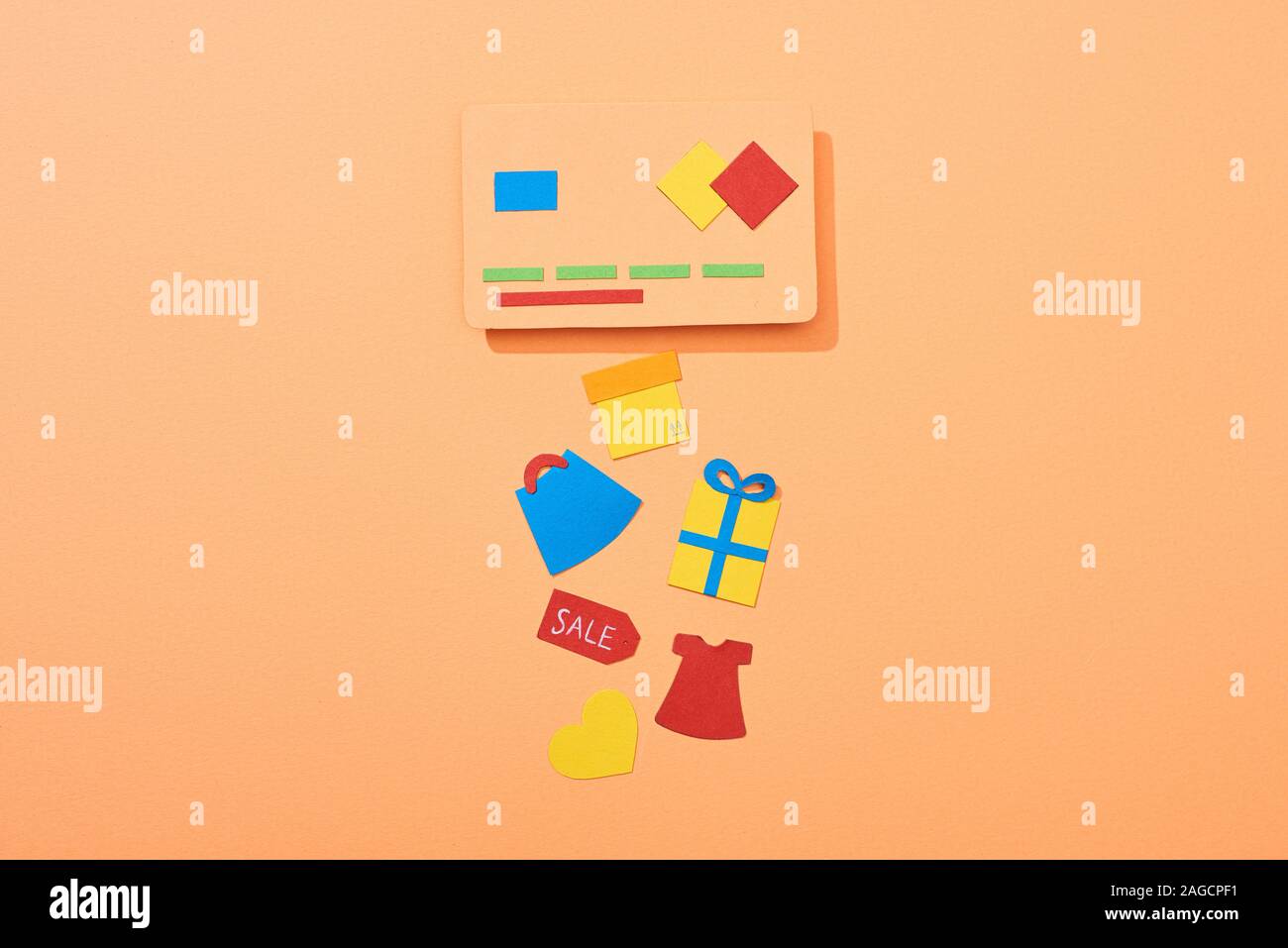 top view of credit card template near icons on peach background Stock ...