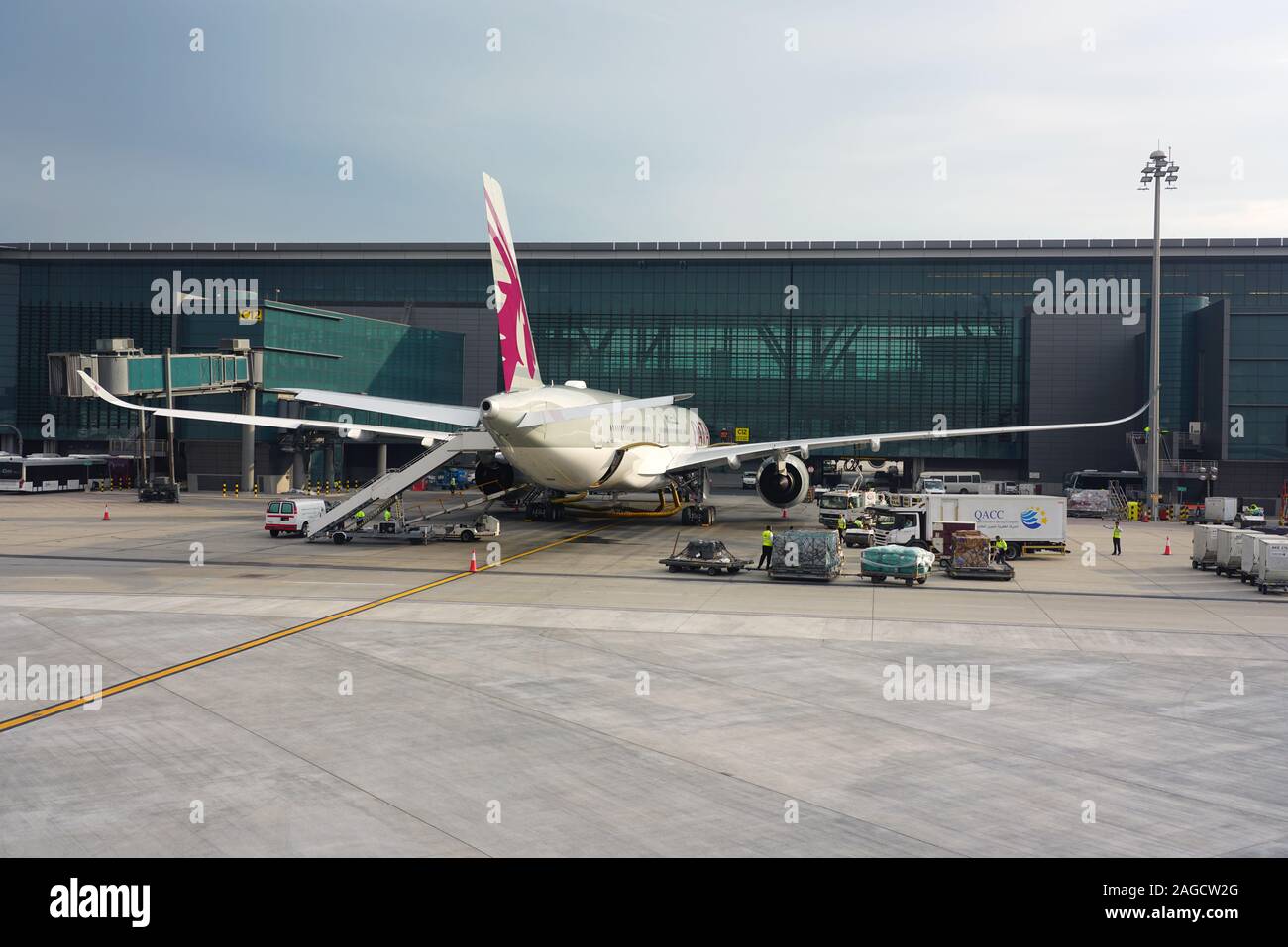 DOHA, QATAR -13 DEC 2019- View of an airplane from Qatar Airways (QR ...