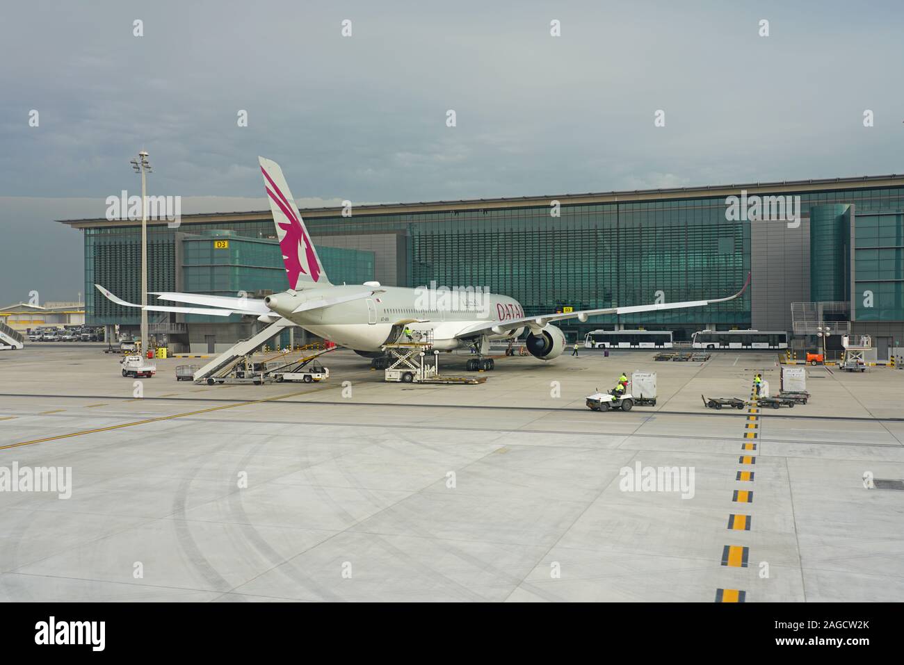 DOHA, QATAR -13 DEC 2019- View of an airplane from Qatar Airways (QR ...