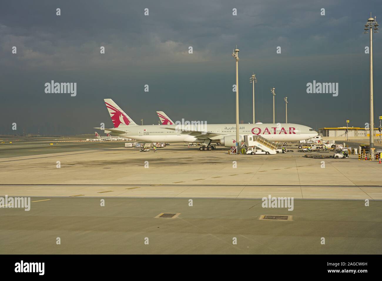 DOHA, QATAR -13 DEC 2019- View of an airplane from Qatar Airways (QR ...