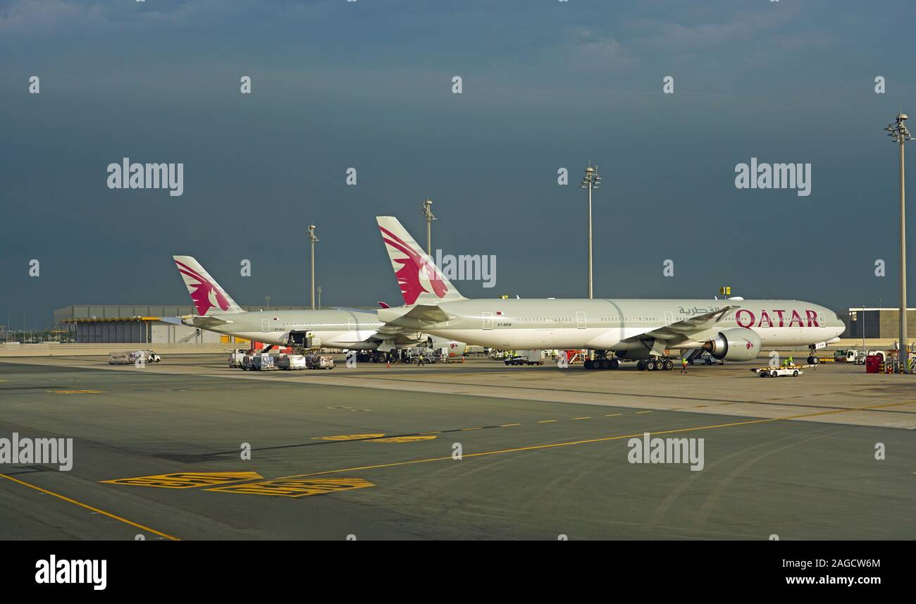 DOHA, QATAR -13 DEC 2019- View of an airplane from Qatar Airways (QR ...