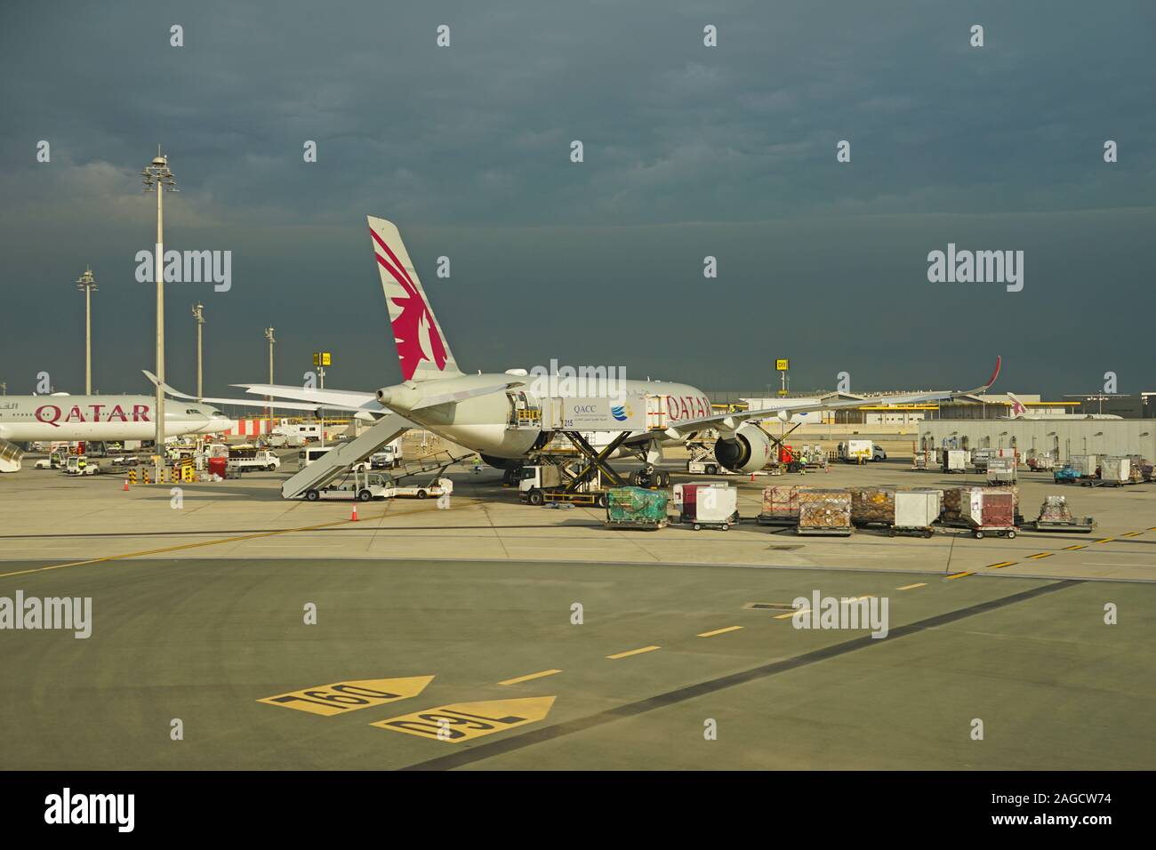 DOHA, QATAR -13 DEC 2019- View of an airplane from Qatar Airways (QR ...