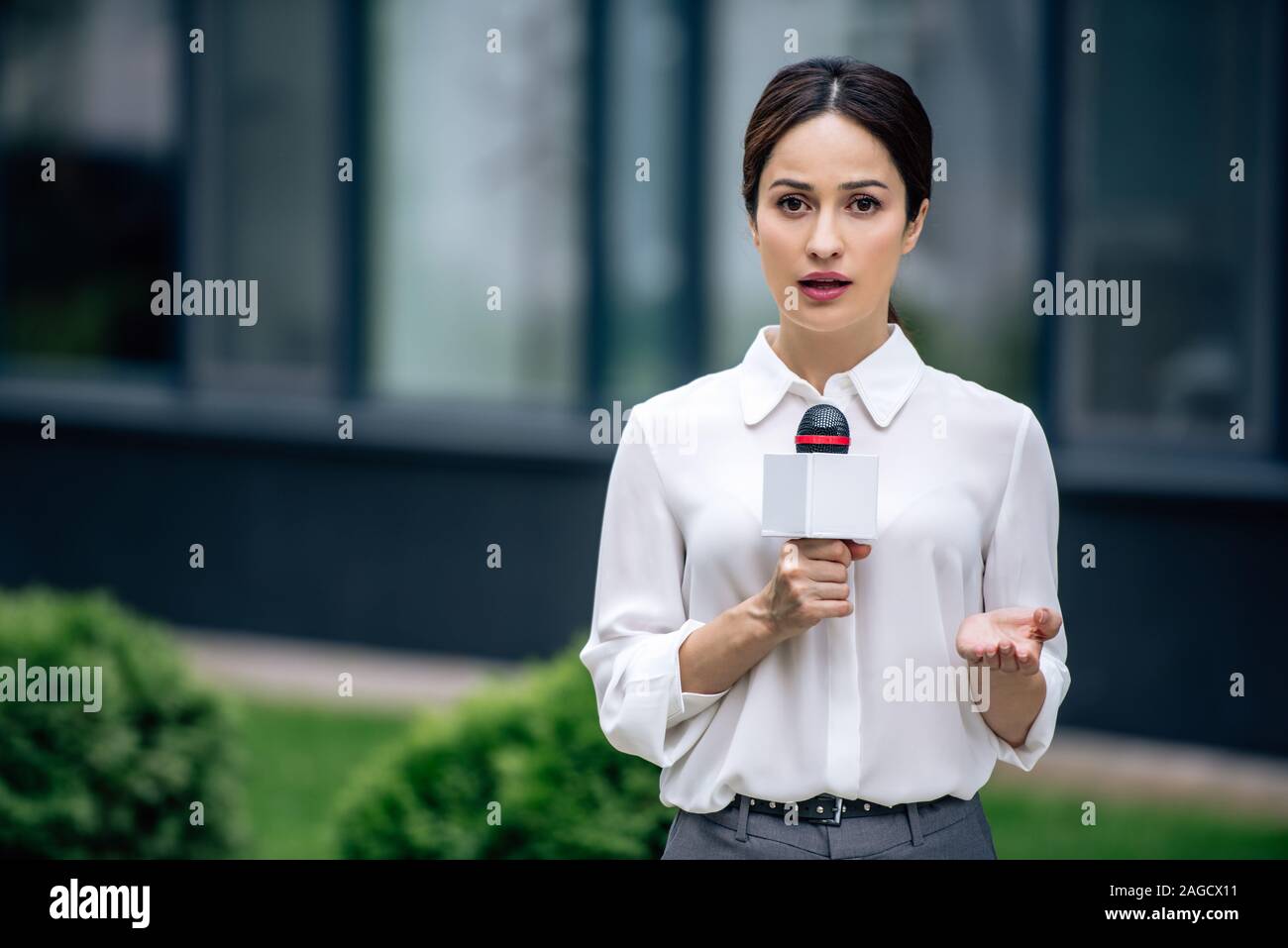 attractive journalist in formal wear holding microphone and speaking ...