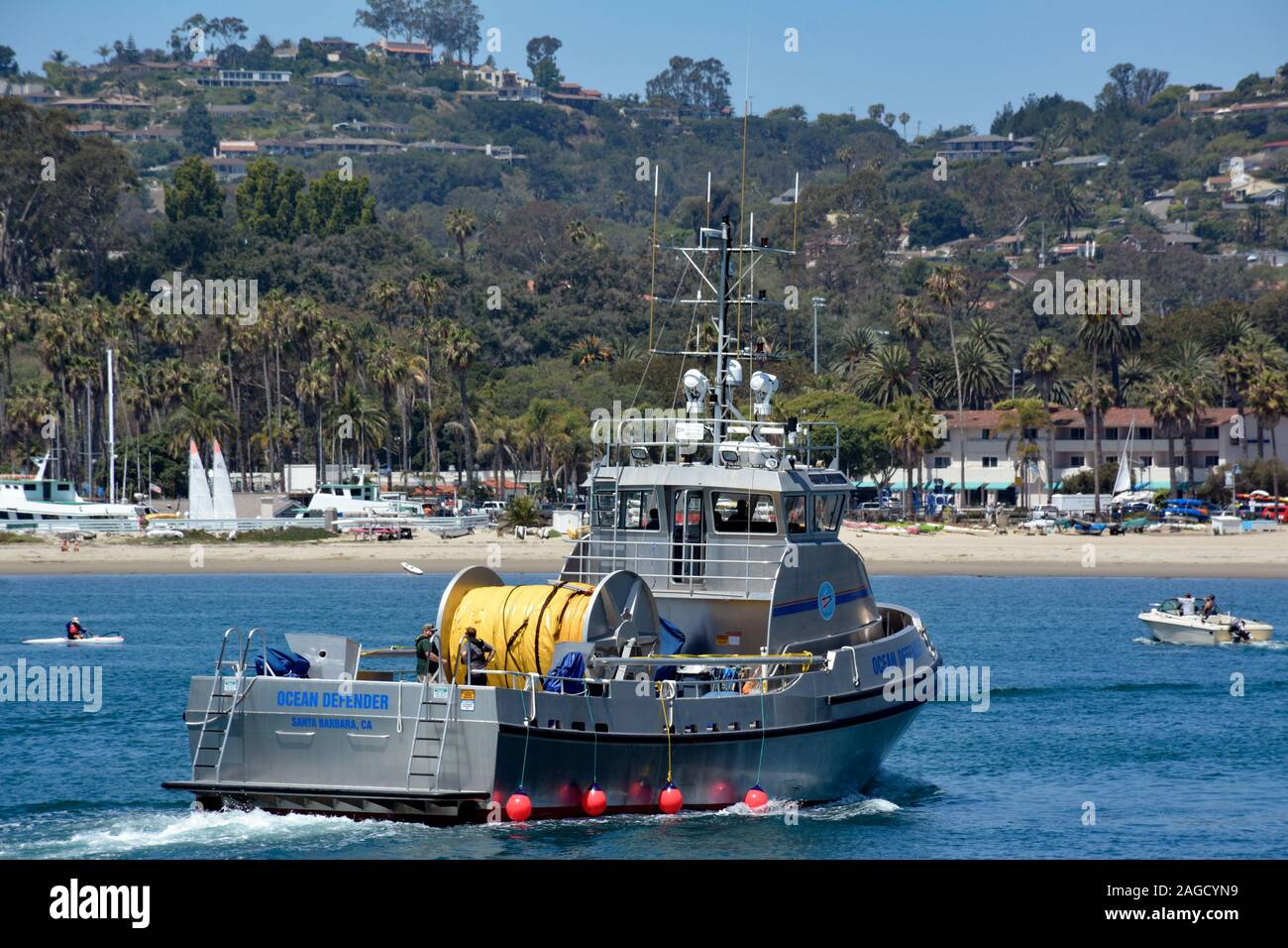 The Ocean Defender boat heads out of the Santa Barbara Harbor towards ...