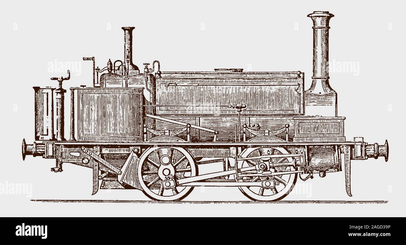 Historical steam locomotive engine in side view. Illustration after an ...