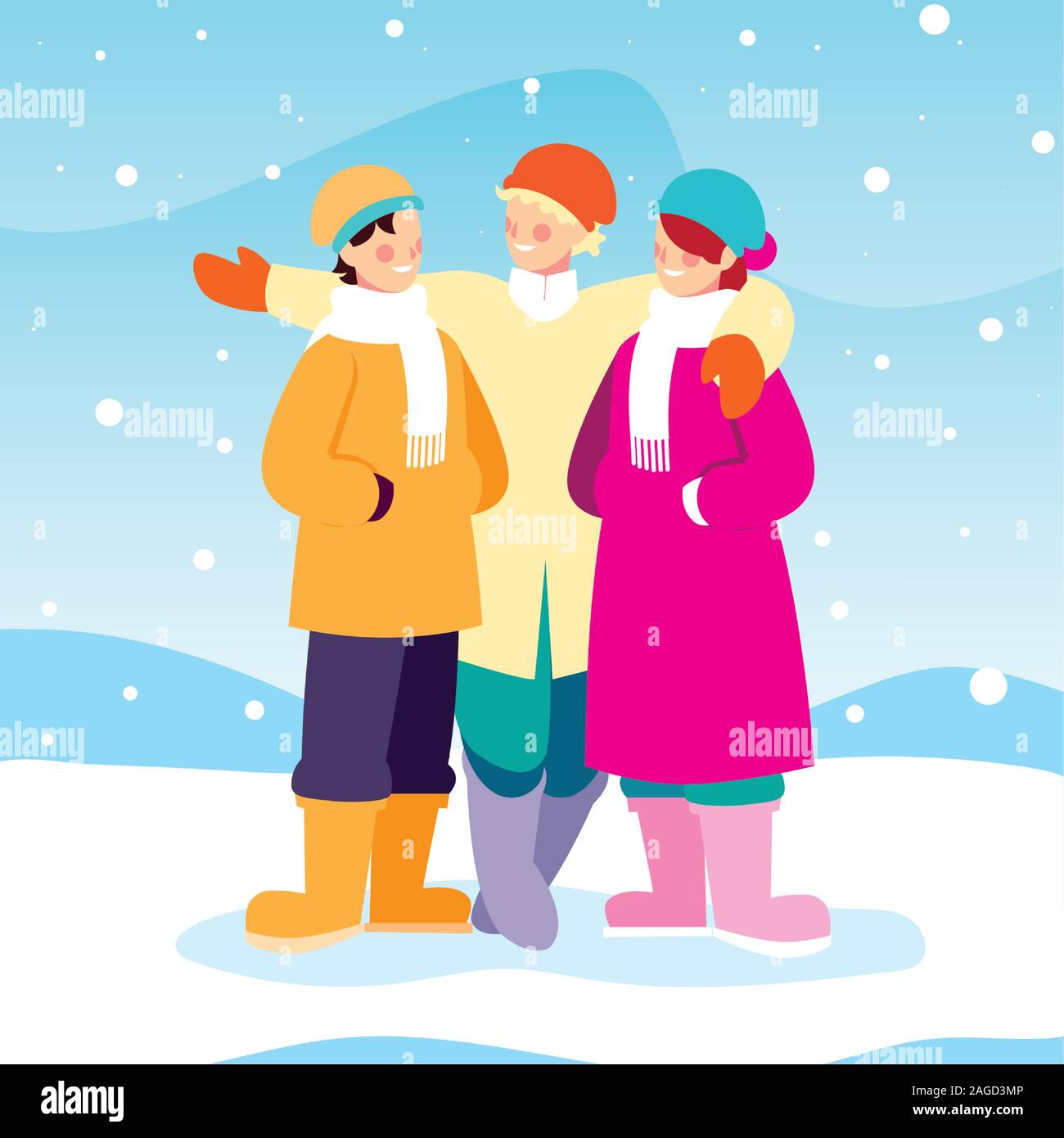 group of people with winter clothes in landscape with snowfall vector ...