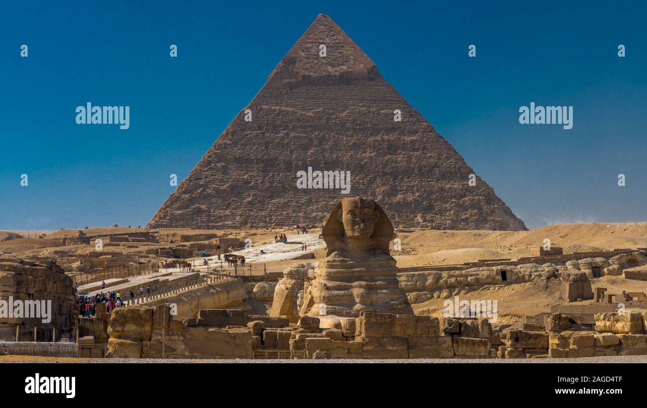 NOVEMBER 2019, CAIRO EGYPT, Sphinx with view of the Great Pyramids of ...
