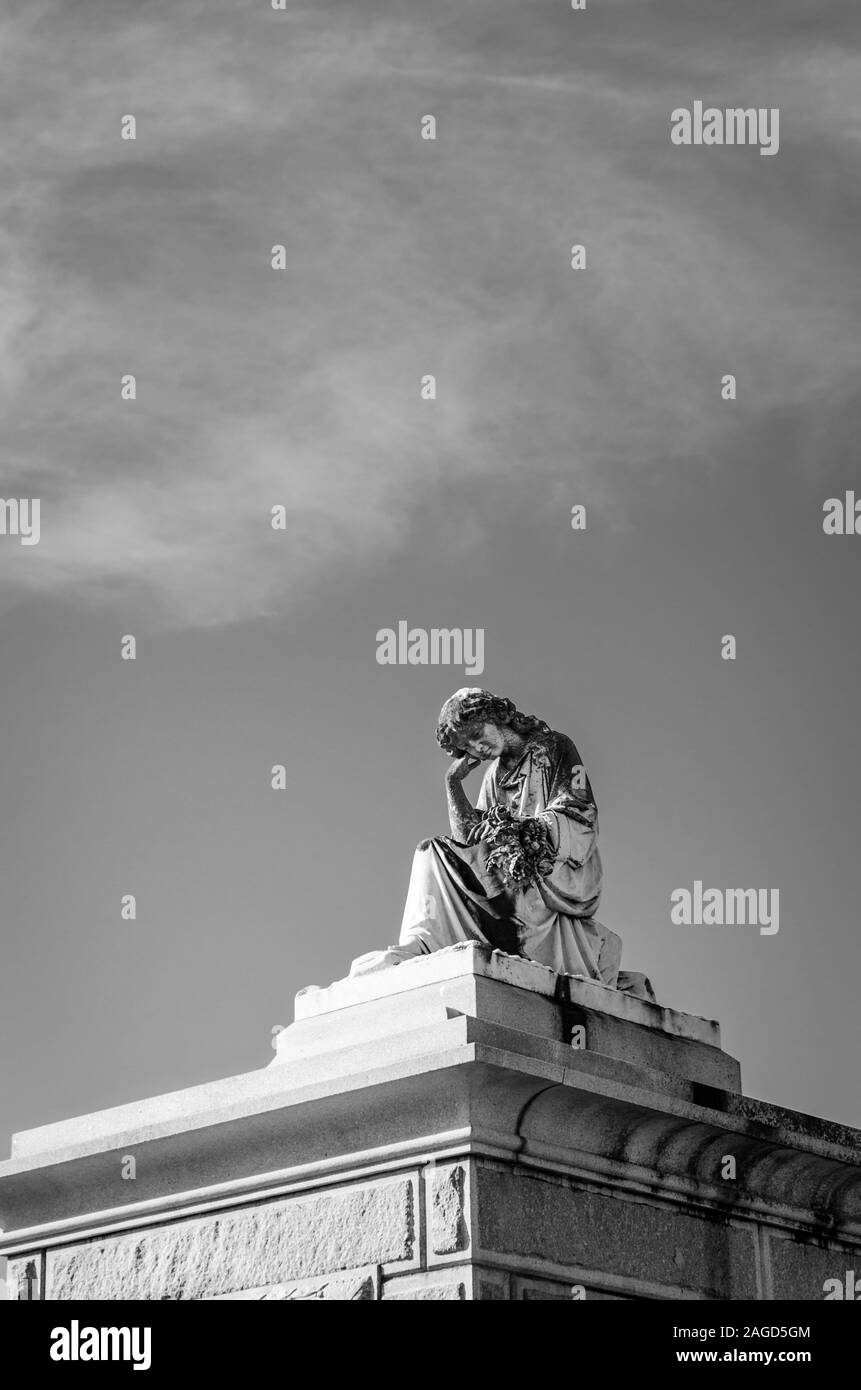 Vertical low angle greyscale shot of a historic statue under the gloomy ...