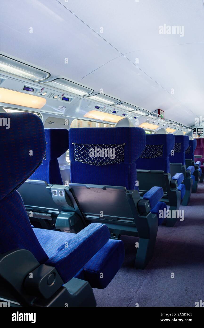 Empty train seats in a french train Stock Photo - Alamy
