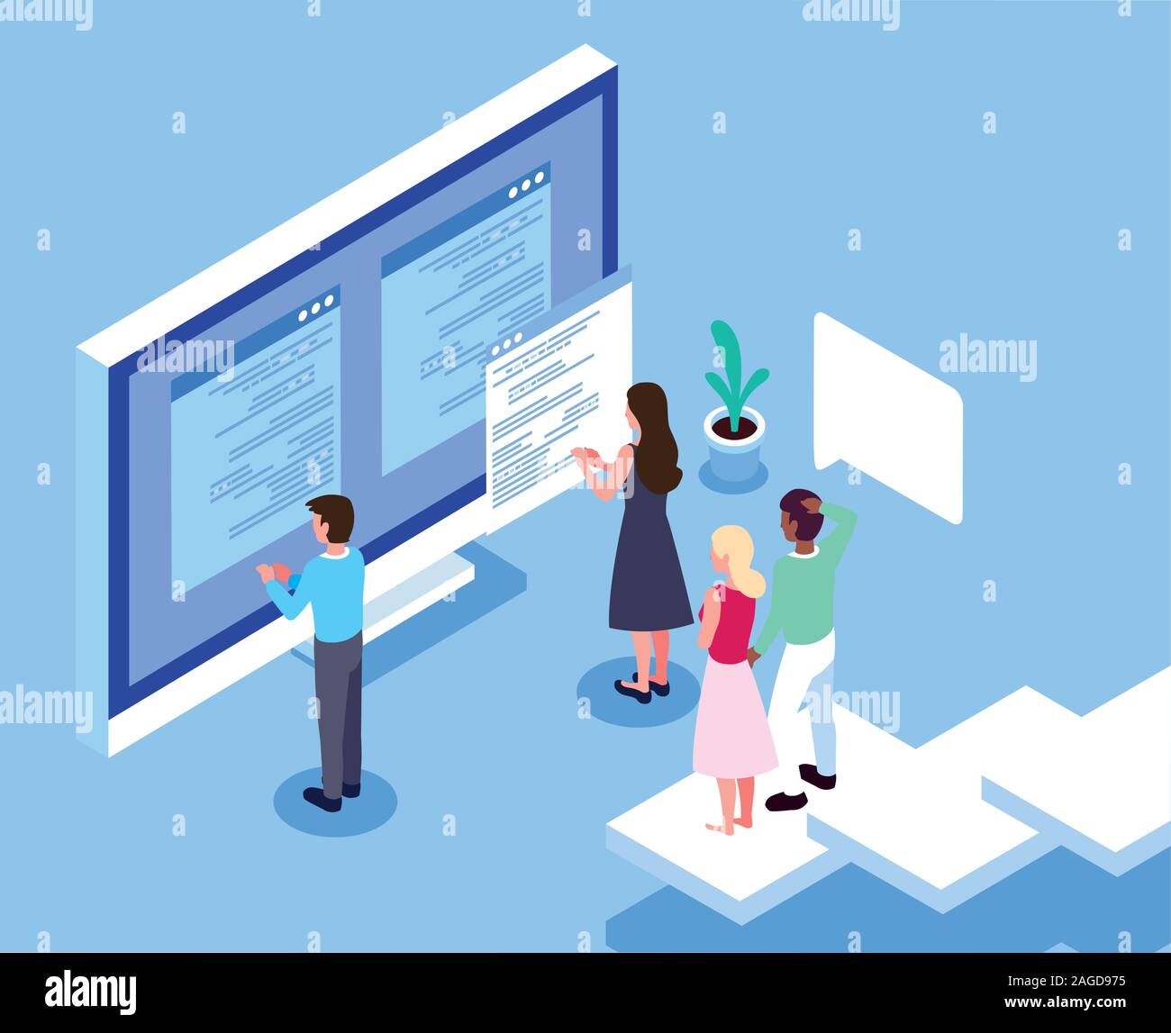group of people working in front of computer screen vector illustration ...