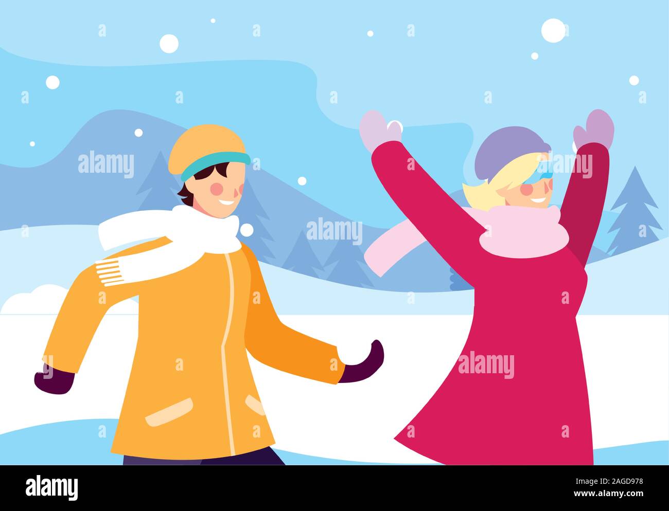 couple of people with winter clothes in landscape with snowfall vector ...