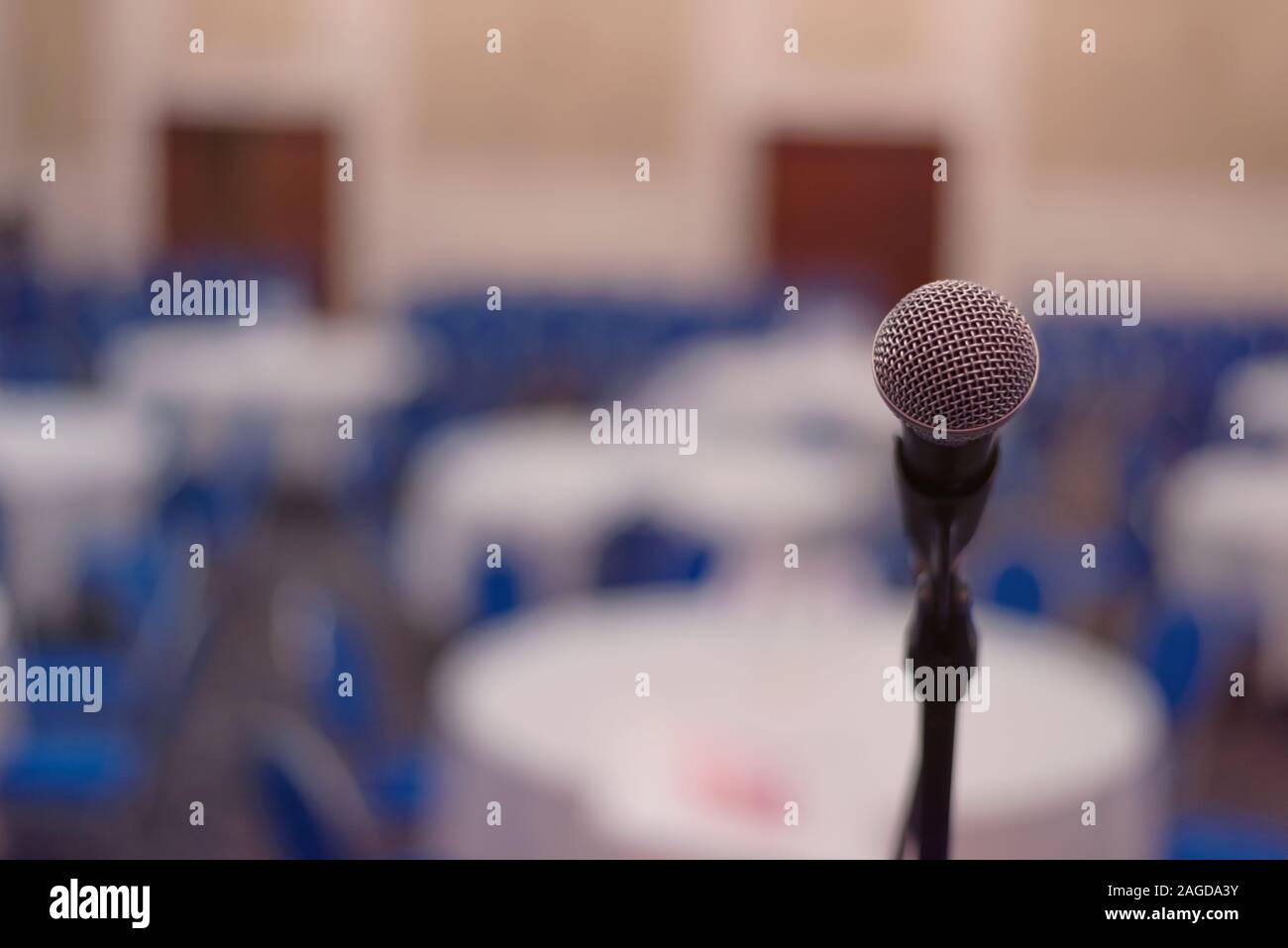 Focus on Microphone in conference room or hall, prepairing for business ...