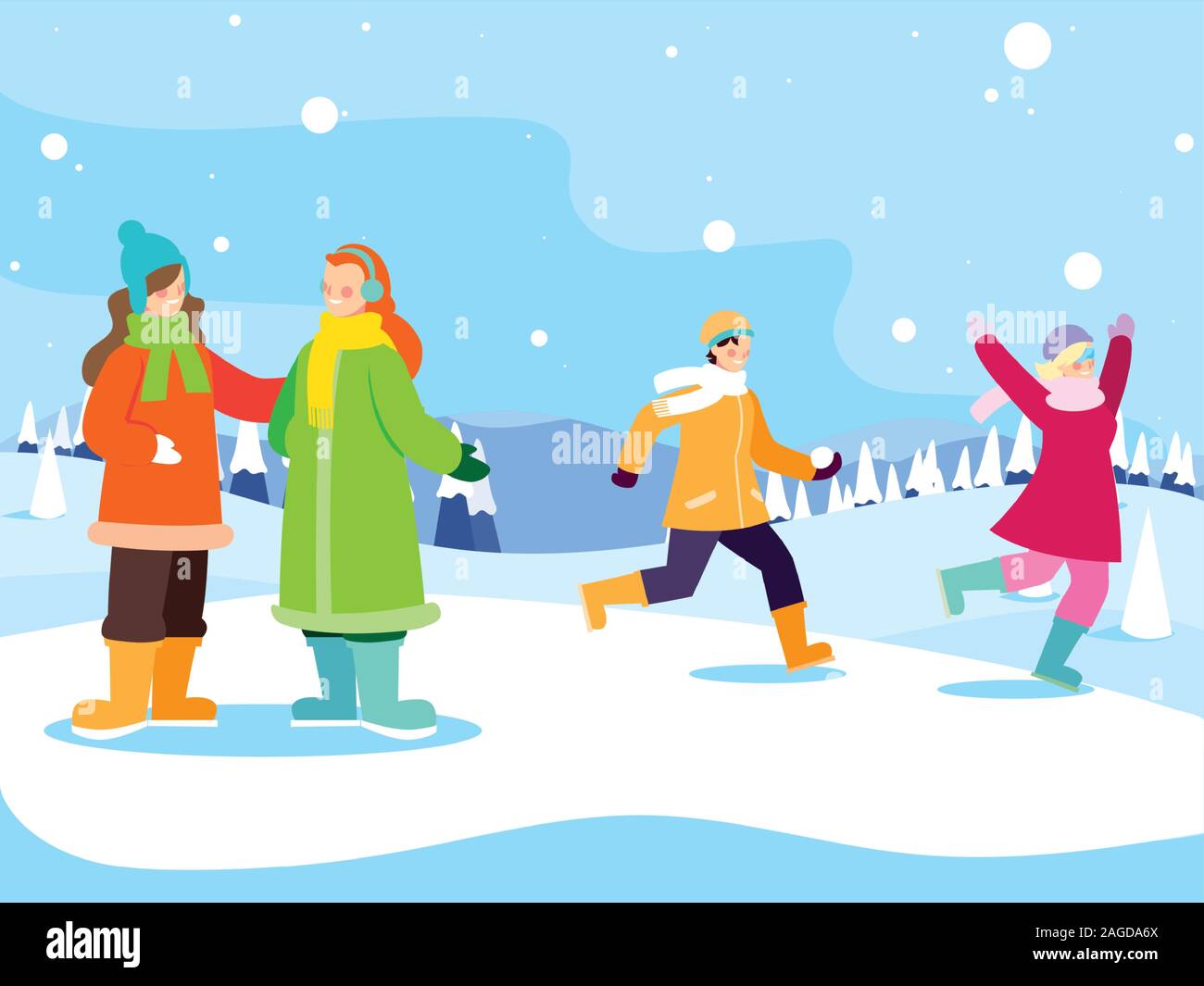 group of people with winter clothes in landscape with snowfall vector ...