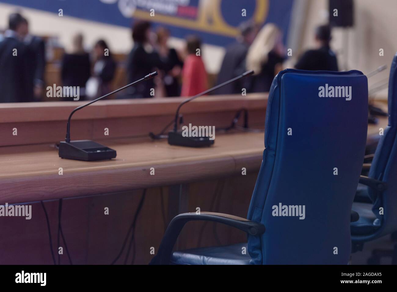 Focus on Microphones in conference room or hall, prepairing for ...