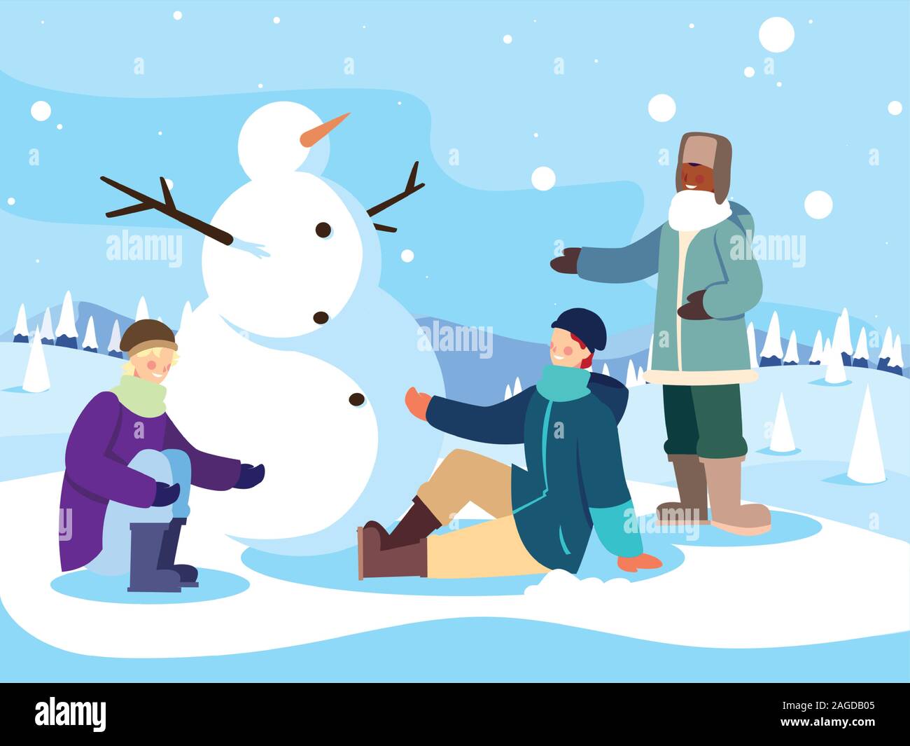 group of people with snowman in winter landscape vector illustration ...