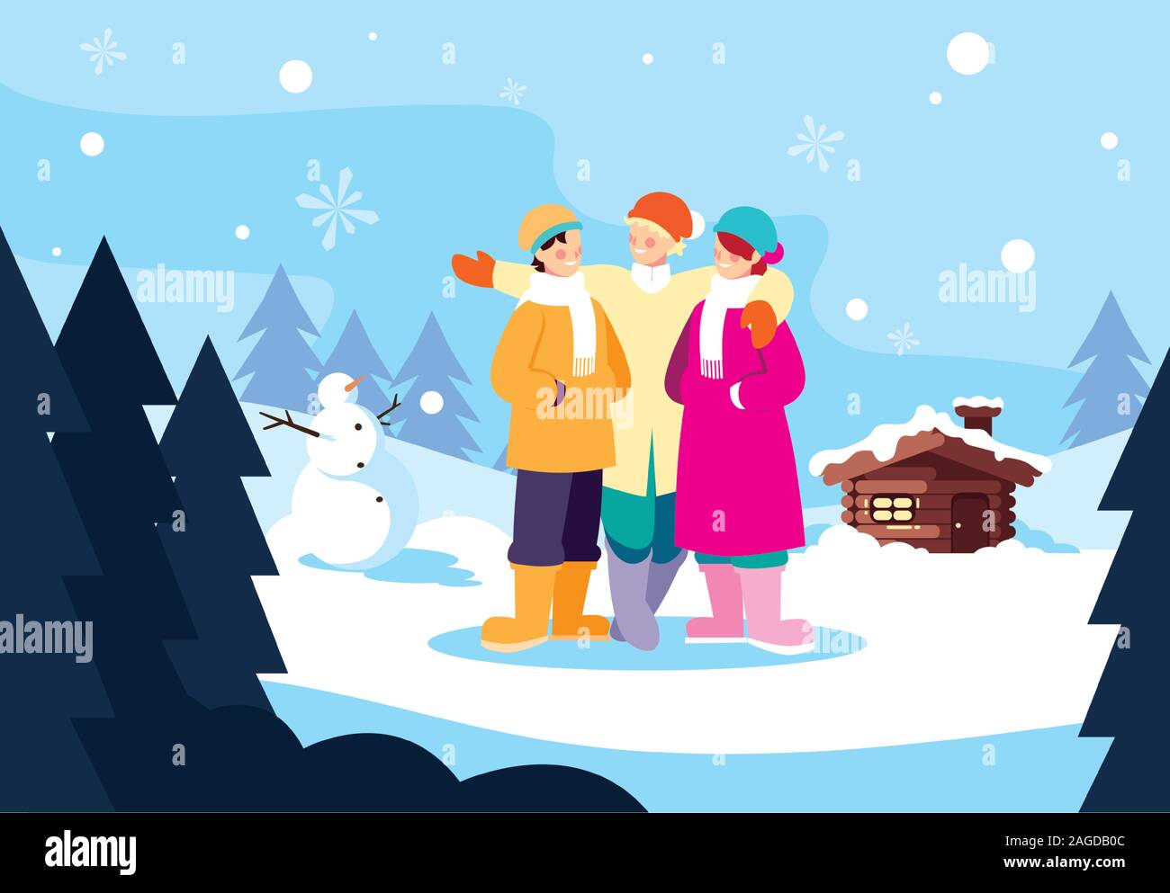 group of people with winter landscape and family house vector ...