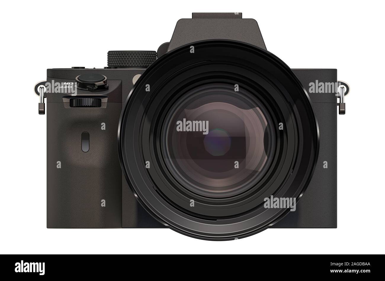 Mirrorless interchangeable-lens camera. Digital camera, front view. 3D ...