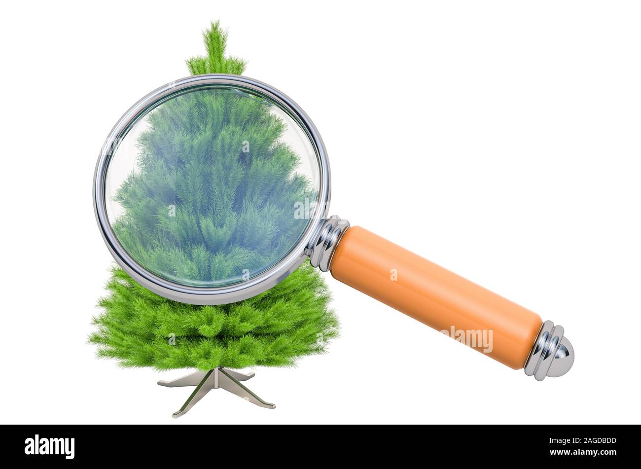 Magnifying glass with Christmas tree. 3D rendering isolated on white ...