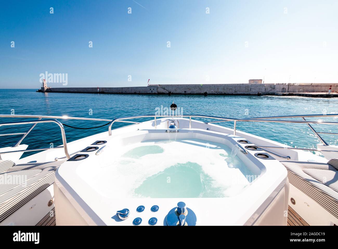 Jacuzzi at the board of a yacht with a beautiful view of the ocean ...
