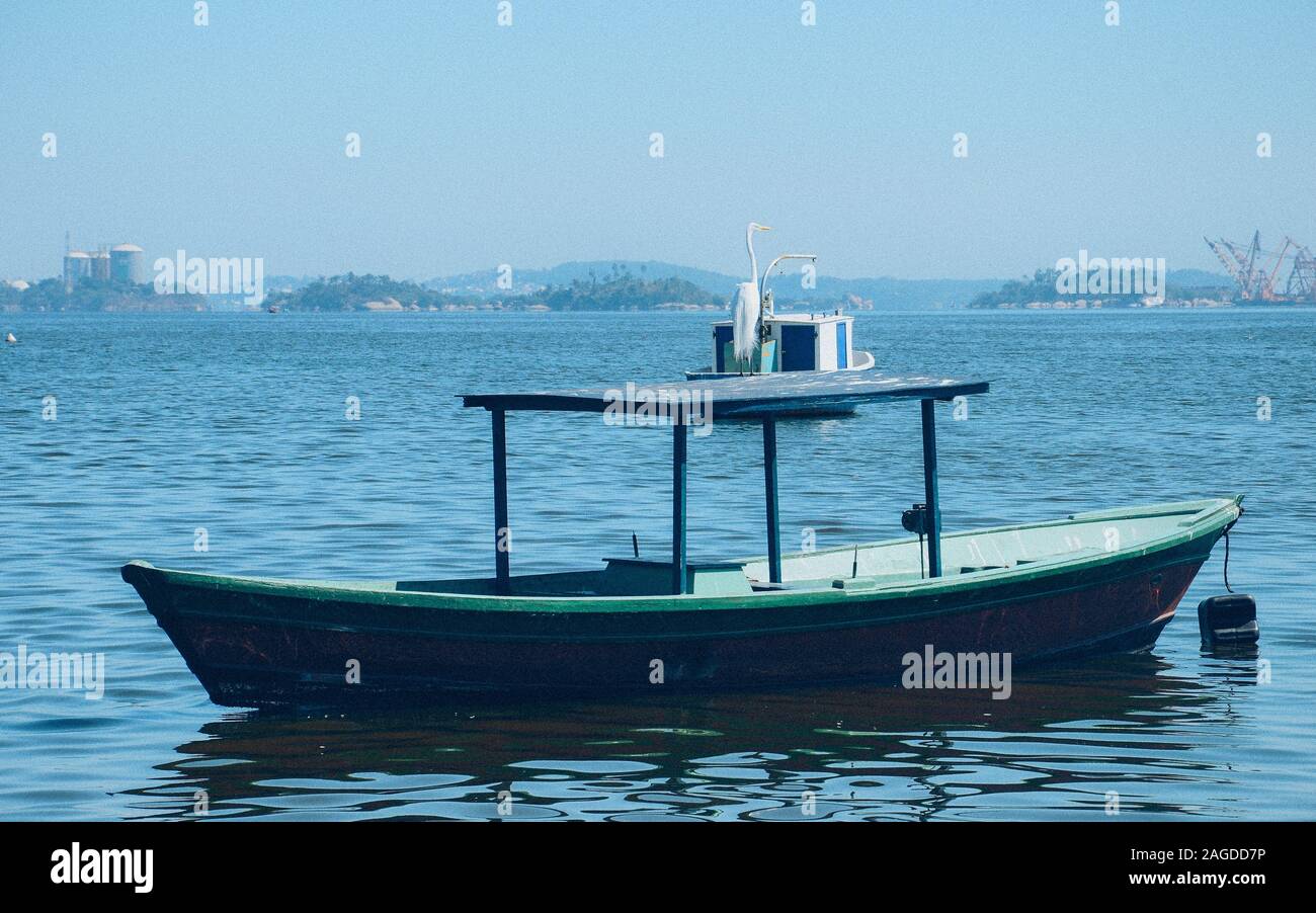 Stork sitting on a boat in the ocean at Guanabara Bay, Rio de Janeiro ...
