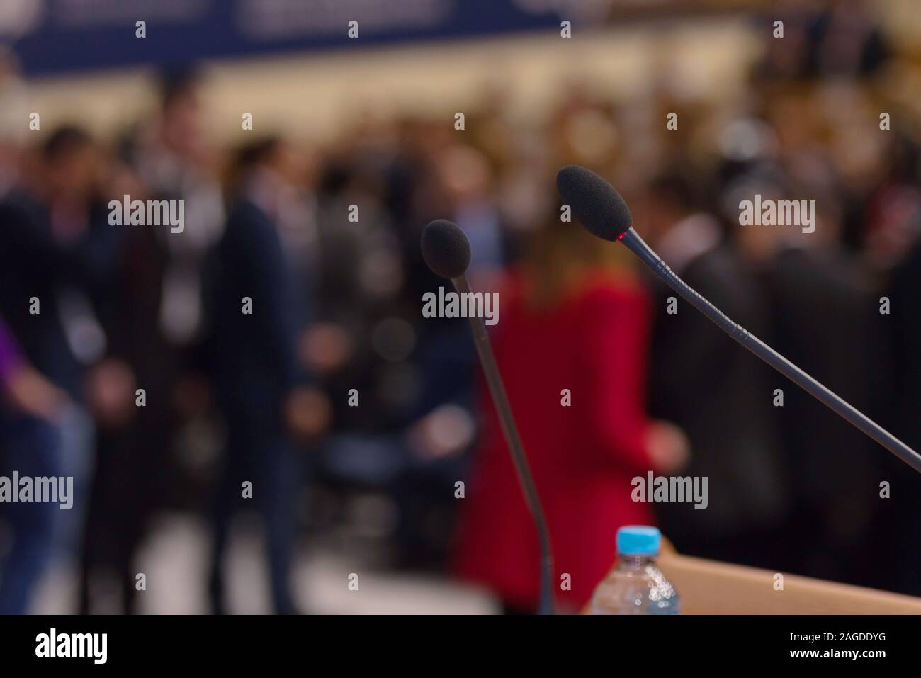 Focus on Microphones in conference room or hall, prepairing for ...