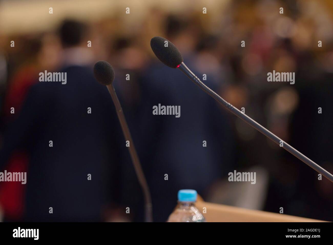 Focus on Microphones in conference room or hall, prepairing for ...