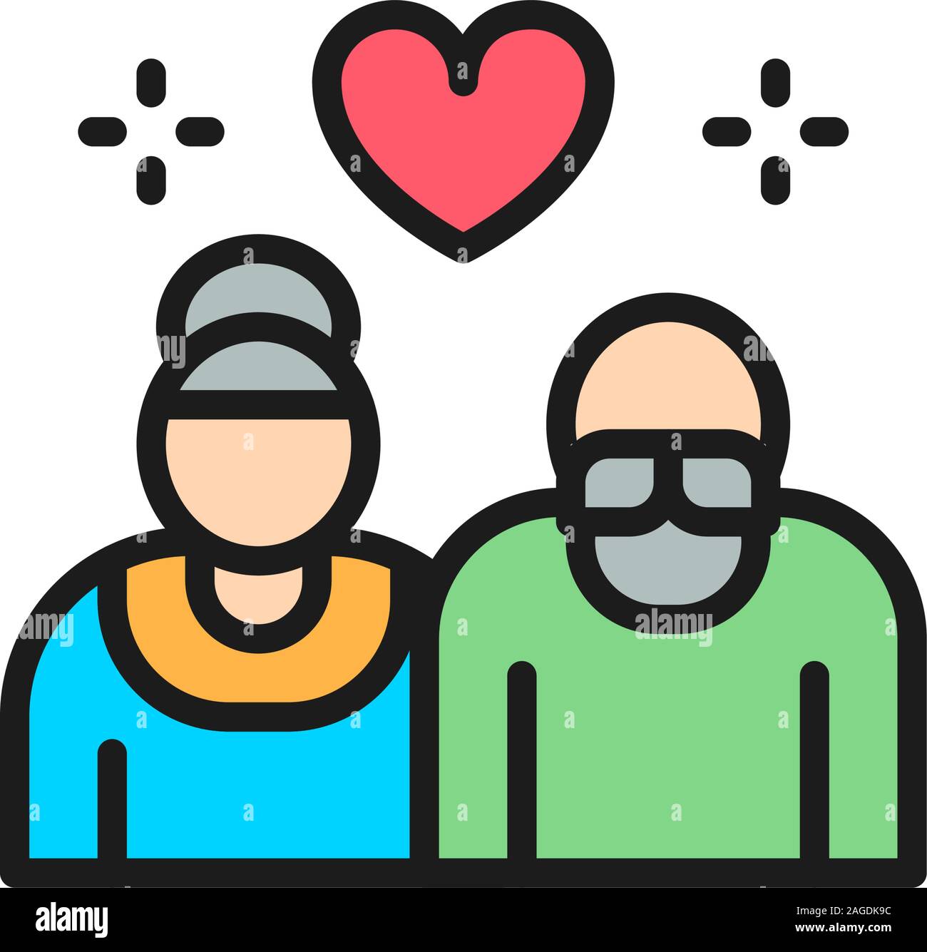 Vector pensioners, elderly couple, seniors flat color line icon Stock ...