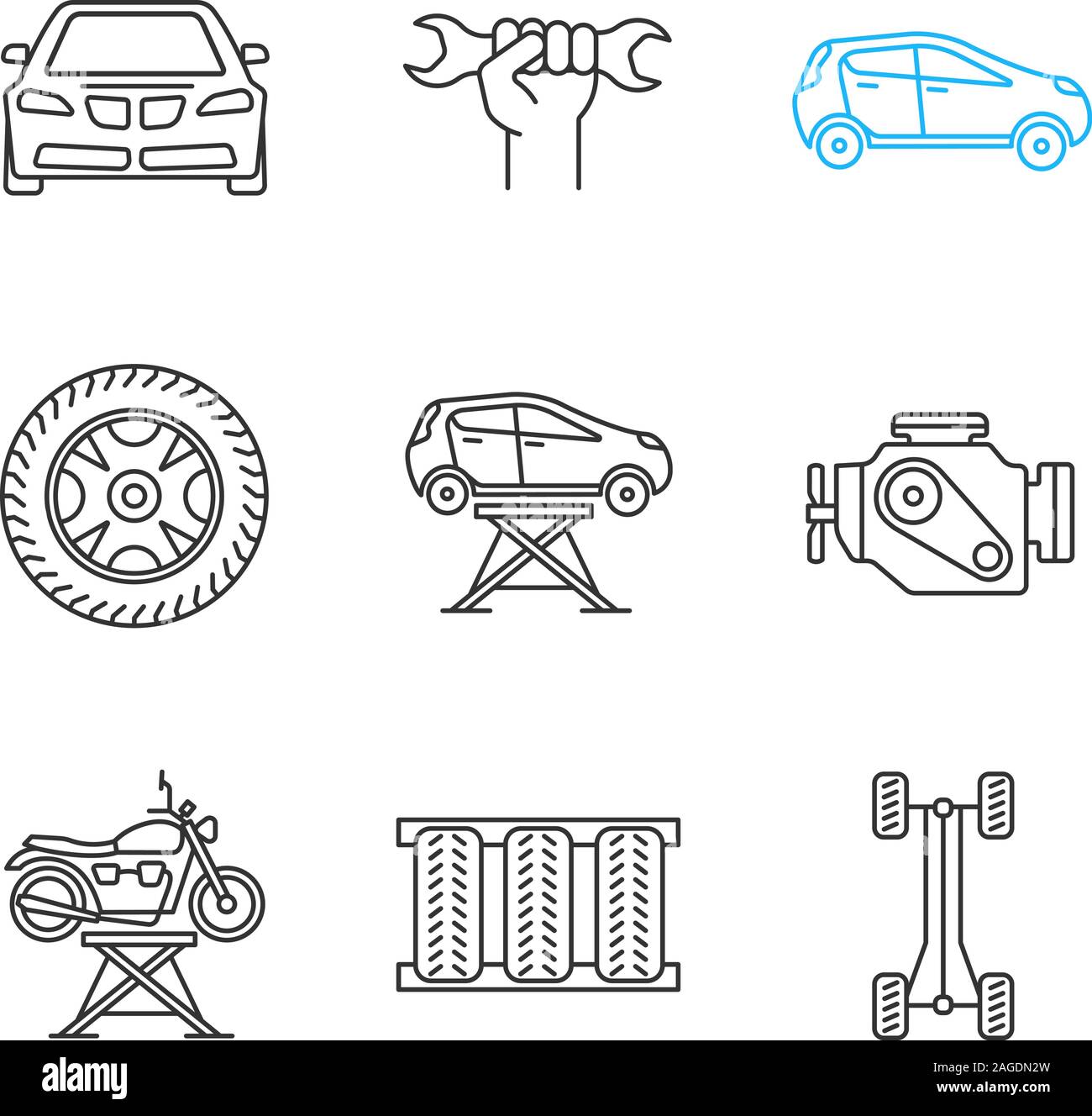 Auto workshop linear icons set. Spanner in hand, tire and rim, car ...