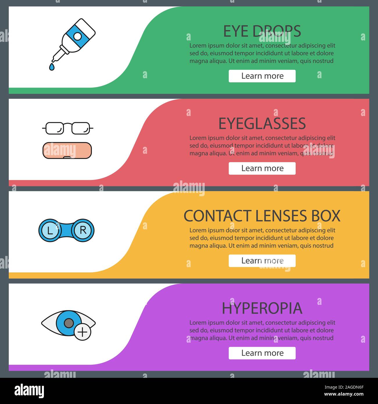 Ophthalmology web banner templates set. Eye drops, eyeglasses case ...