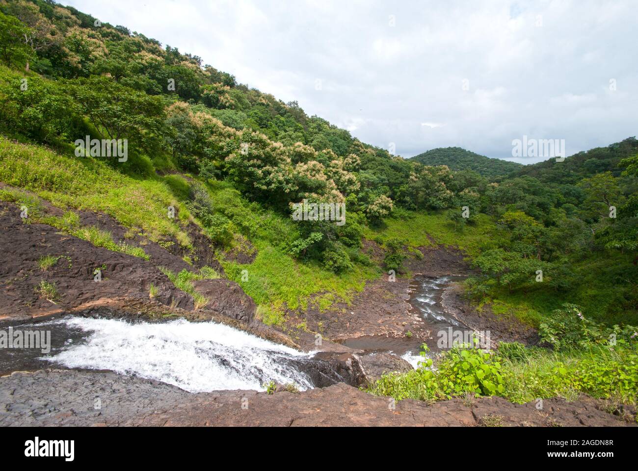 landscape with mountains trees and a river in front Stock Photo - Alamy